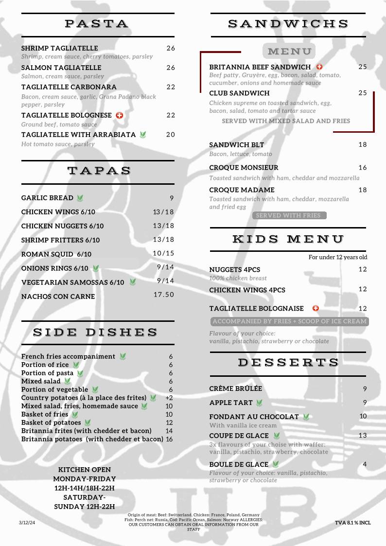 Menu at Britannia Pub, Geneva