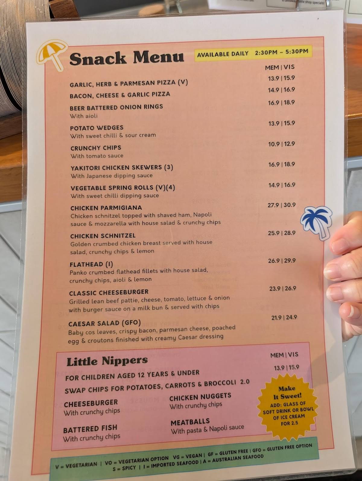 Menu at Kurrawa Surf Club, Broadbeach