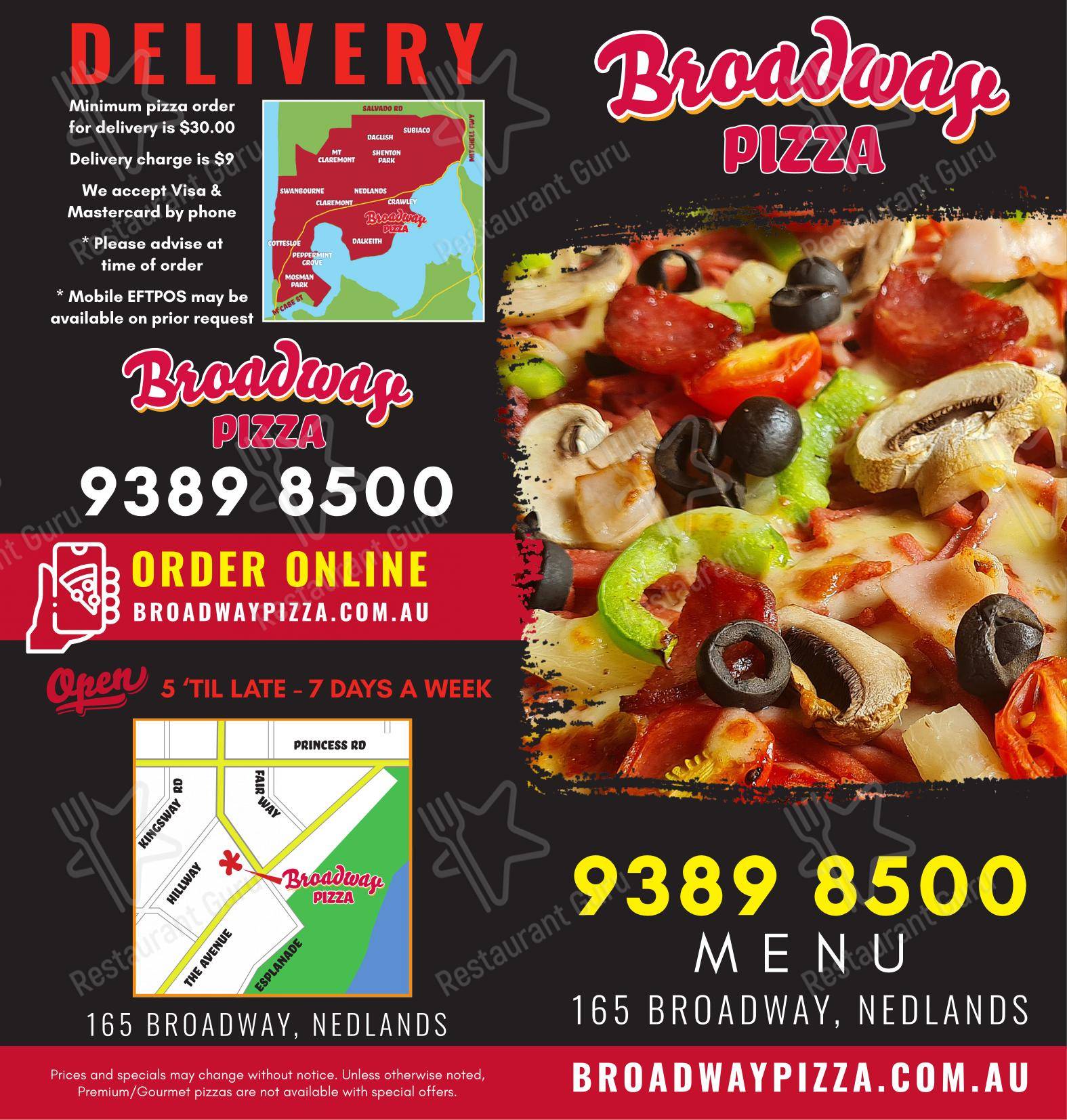Menu at Broadway Pizza pizzeria, Nedlands, 165 Broadway