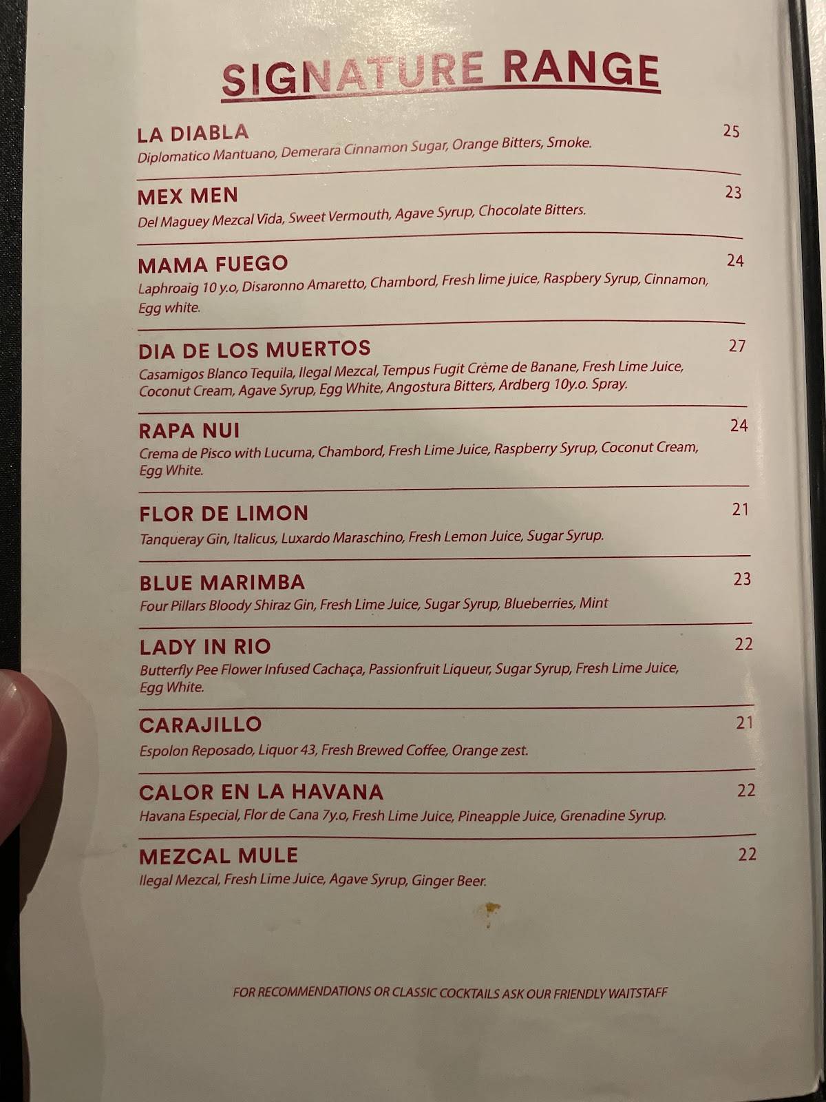 Menu at Papa Fuego restaurant, Broome