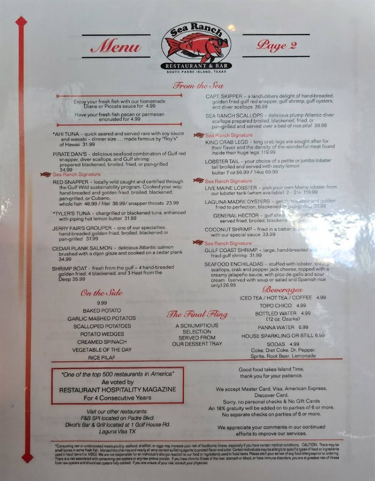 Menu at Sea Ranch Restaurant, South Padre Island, 33330 State Park Rd ...