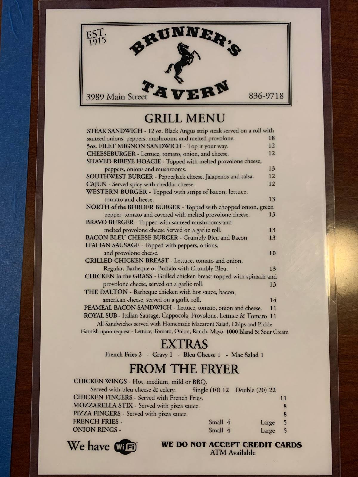 Menu at Brunner's Tavern pub & bar, Buffalo
