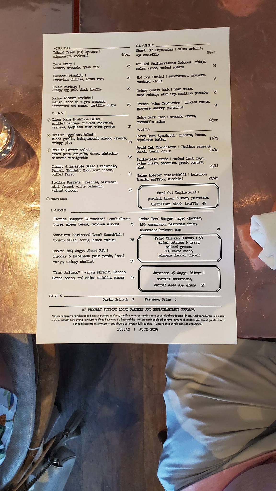 Menu at Buccan restaurant, Palm Beach