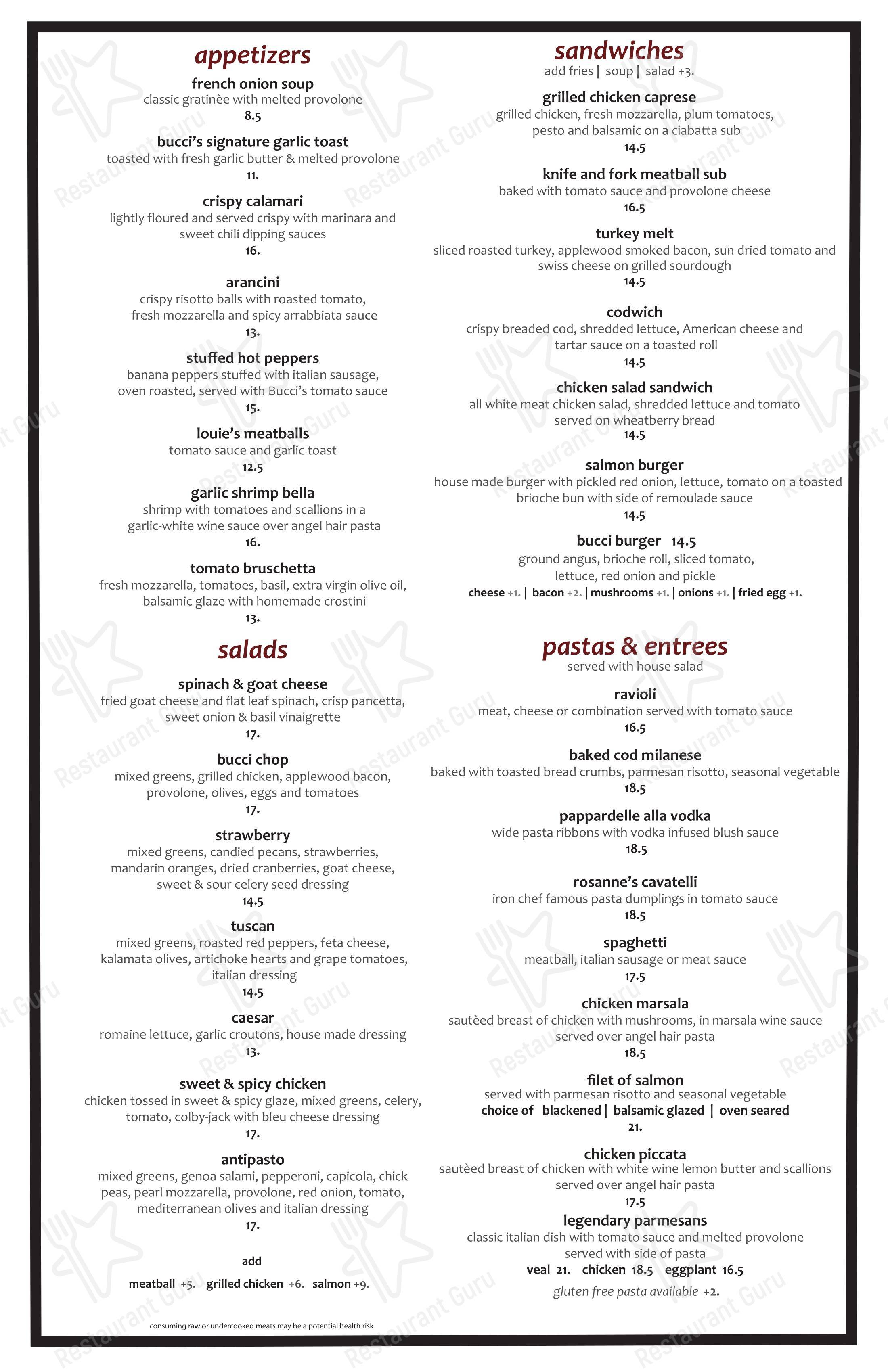 Menu at Bucci's Italian Restaurant, Rocky River, Hilliard Blvd