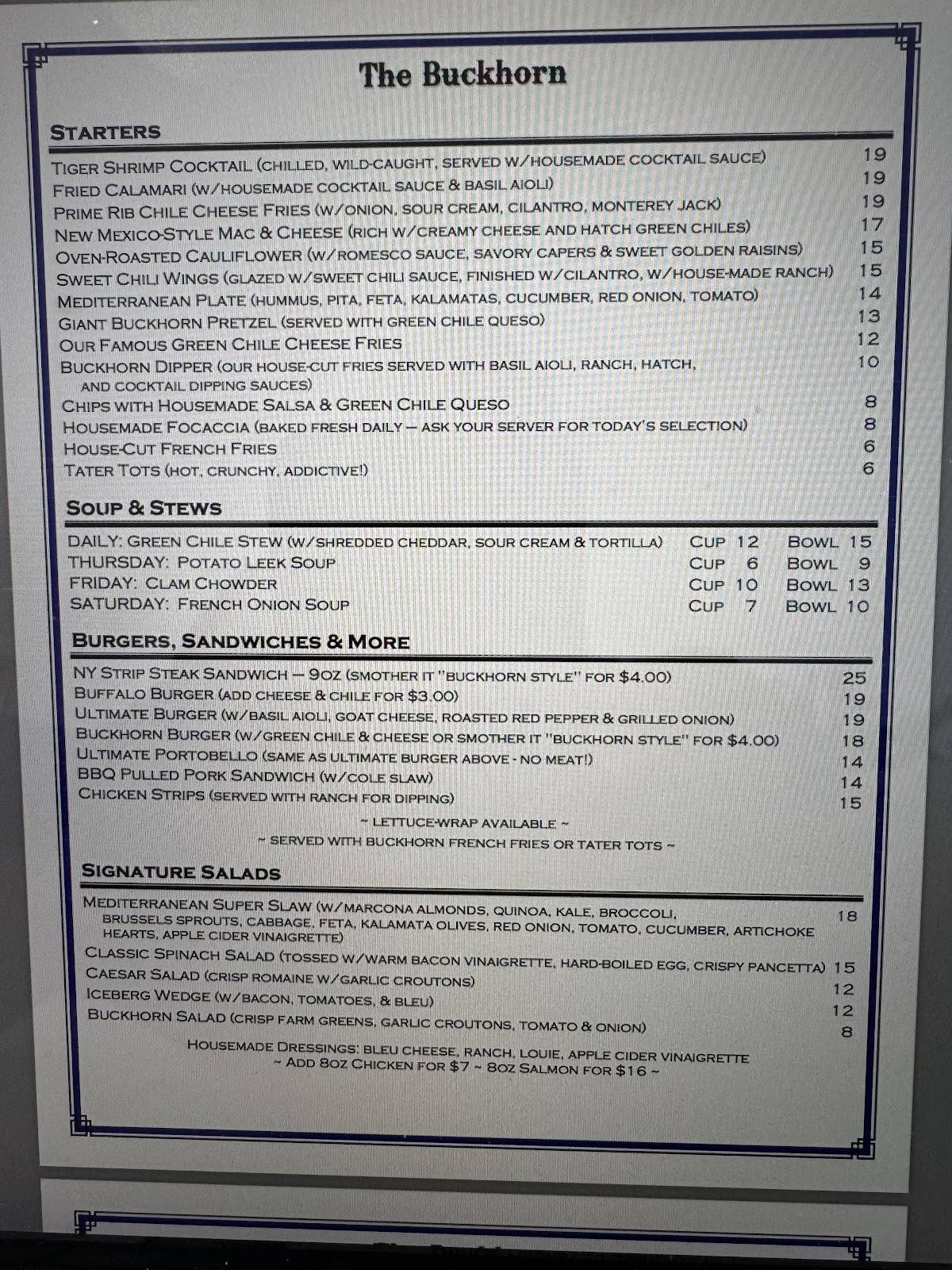 Menu at Buckhorn Saloon & Opera House pub & bar, Pinos Altos