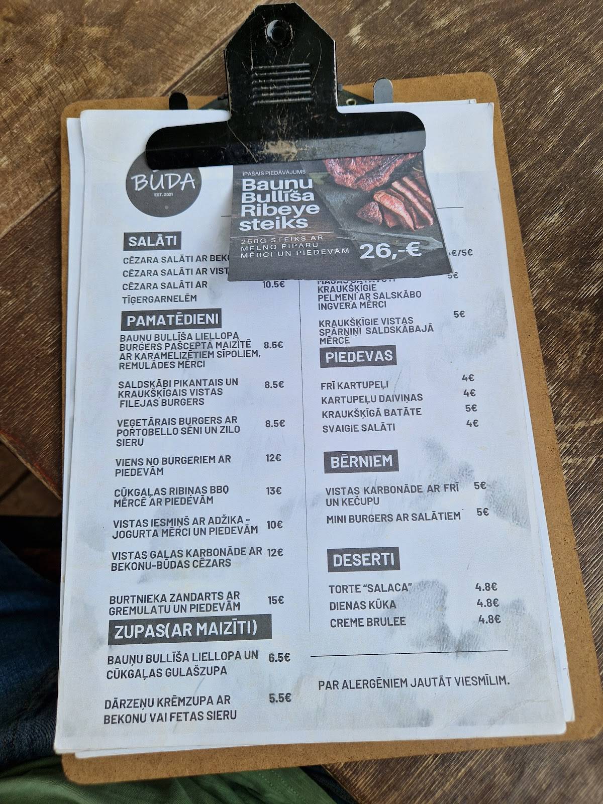 Menu at Būda Cafe, Mazsalaca