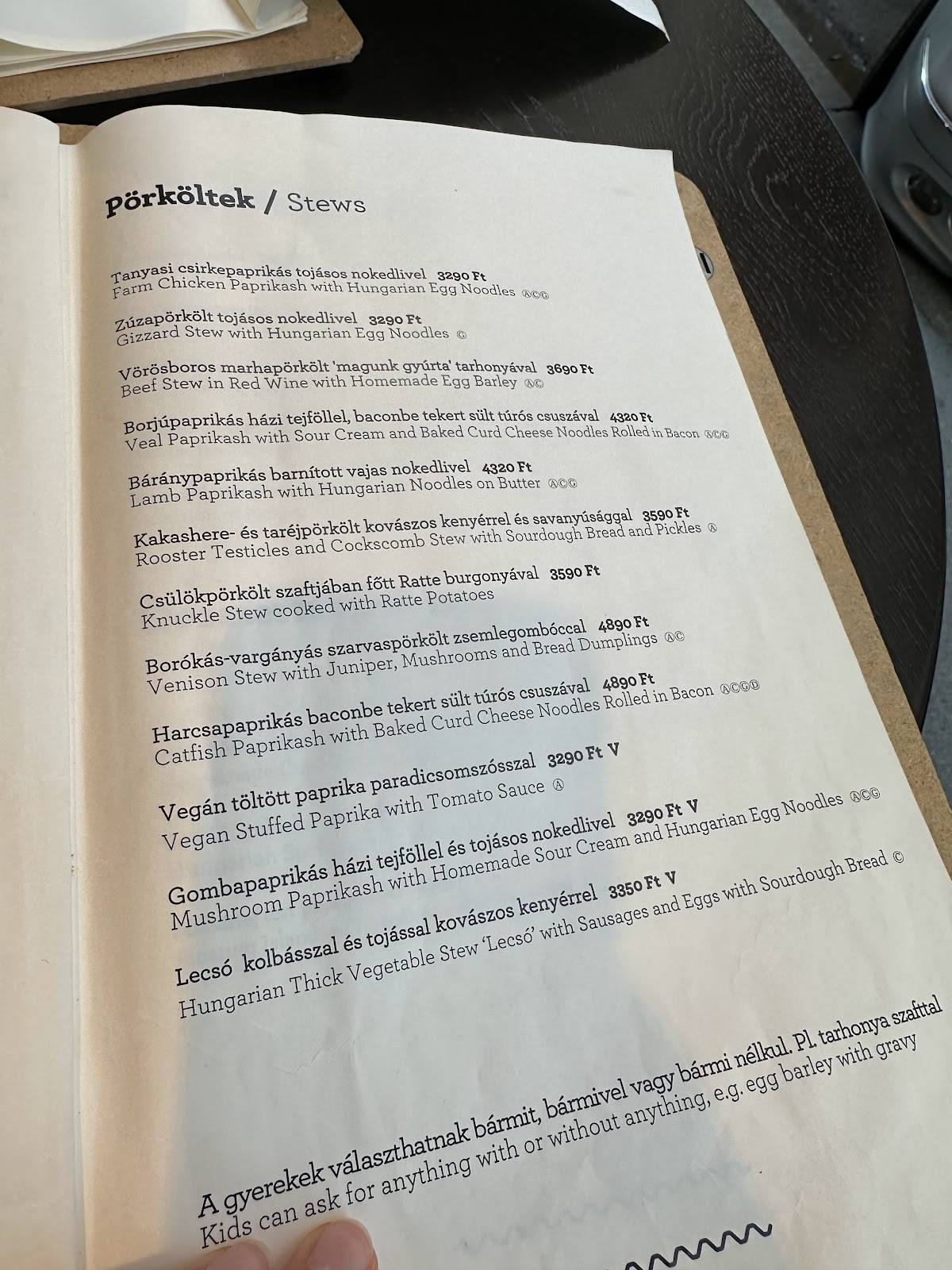Menu at Gettó Gulyás restaurant, Budapest