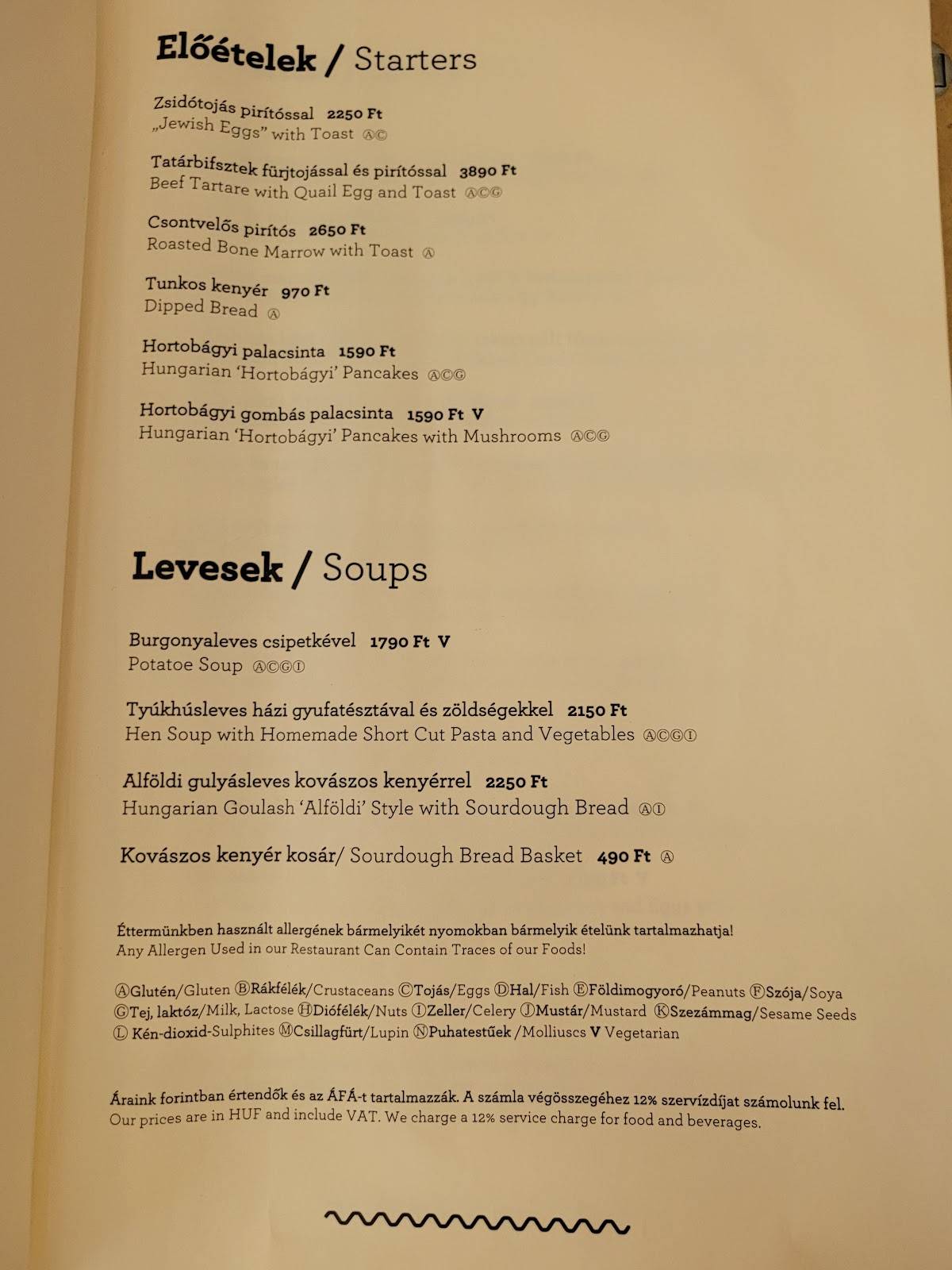 Menu at Gettó Gulyás restaurant, Budapest