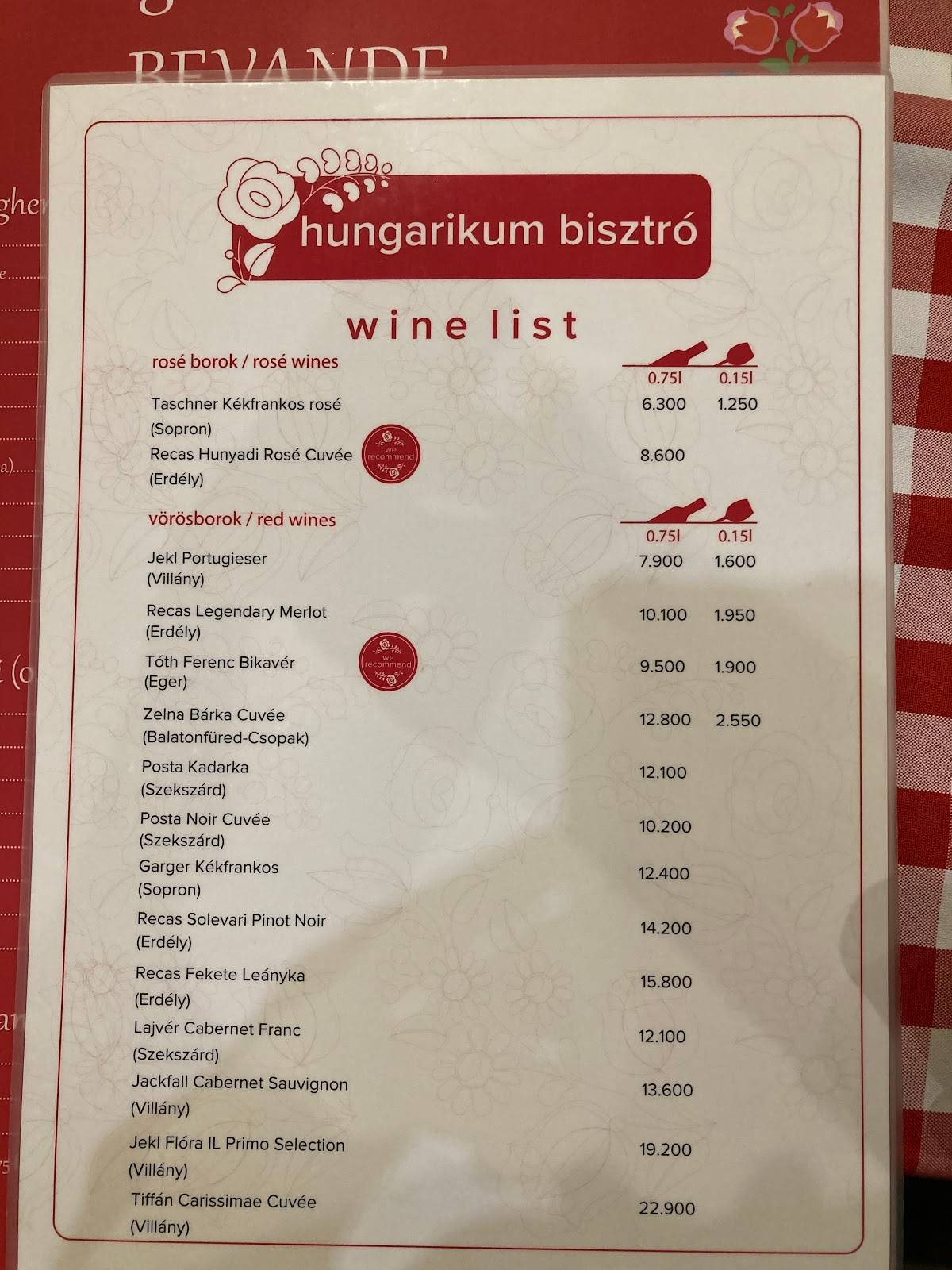 Carta del restaurante Hungarikum Bisztró, Budapest, Steindl Imre u. 13