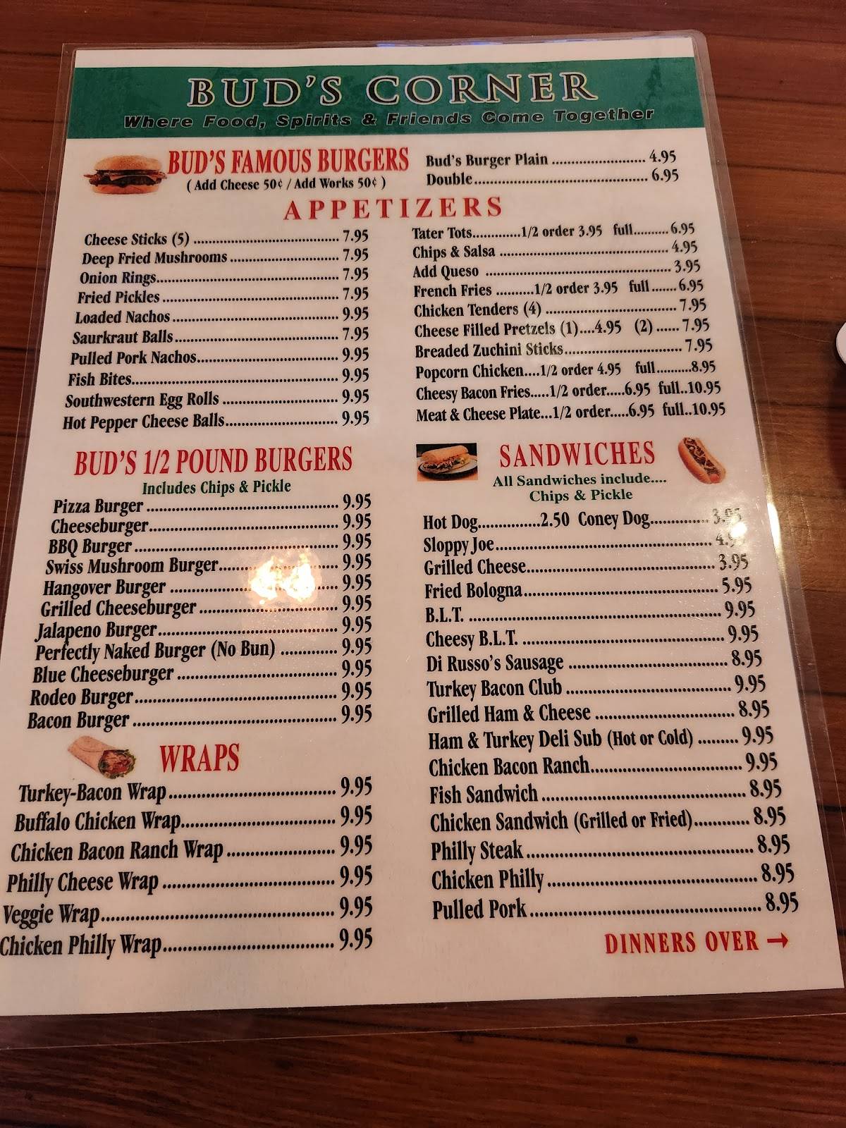 Menu at Bud's Corner pub & bar, Louisville