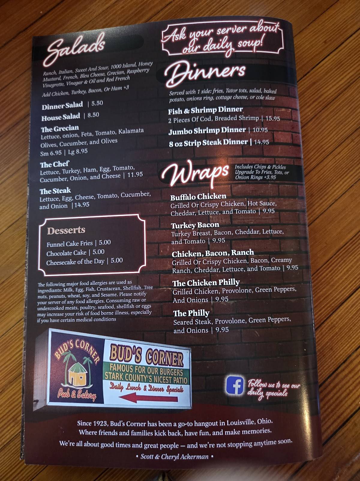 Menu at Bud's Corner pub & bar, Louisville