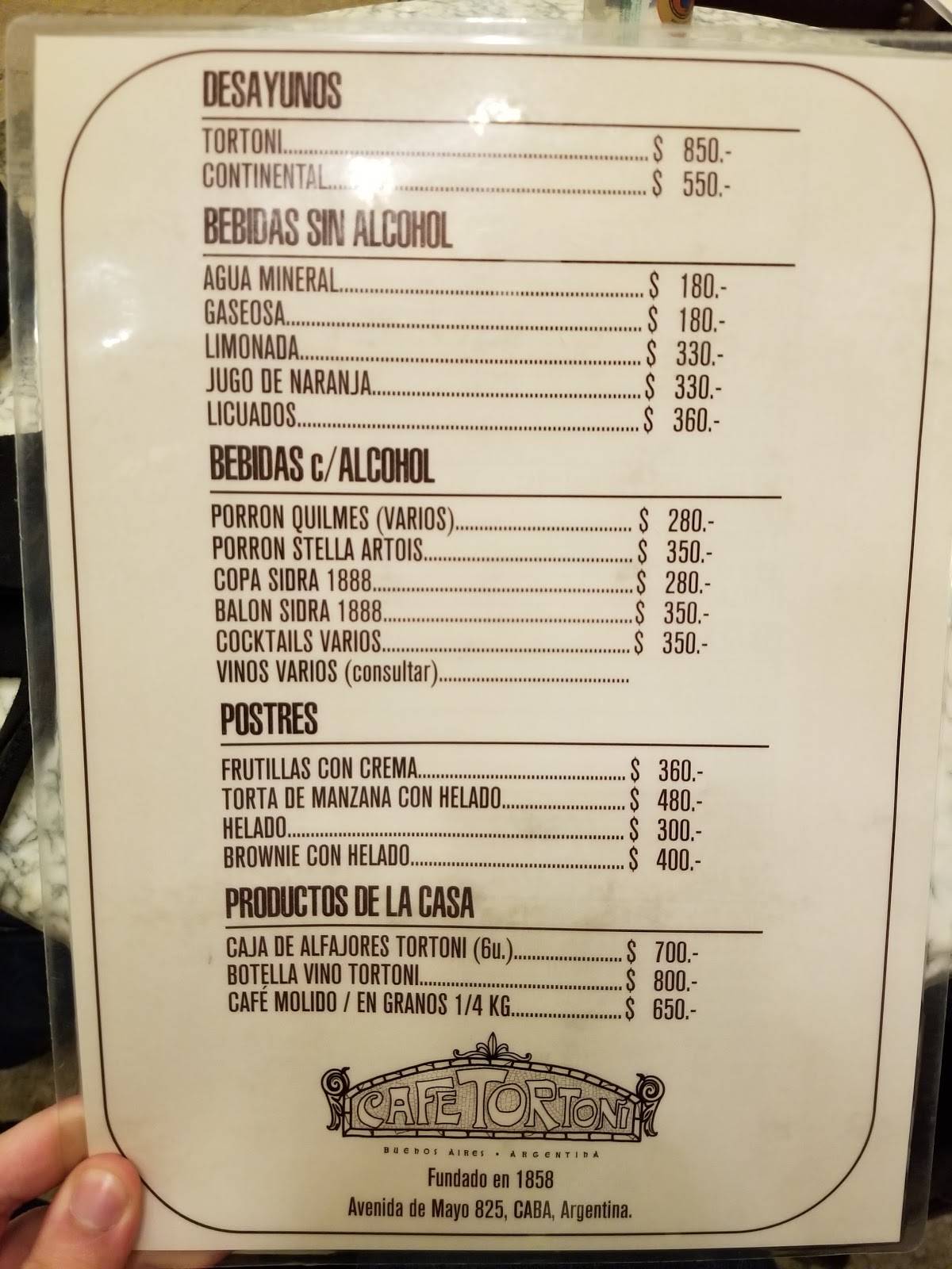Menu at Café Tortoni, Buenos Aires, Av. de Mayo 825