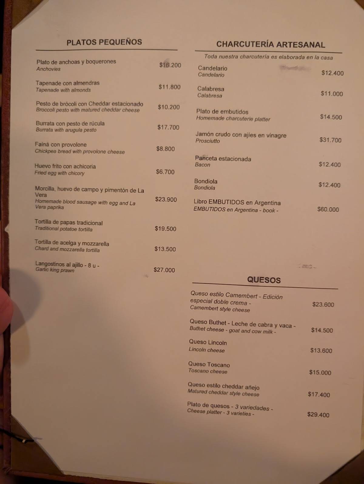Carta del pub y bar El Preferido del Palermo, Buenos Aires