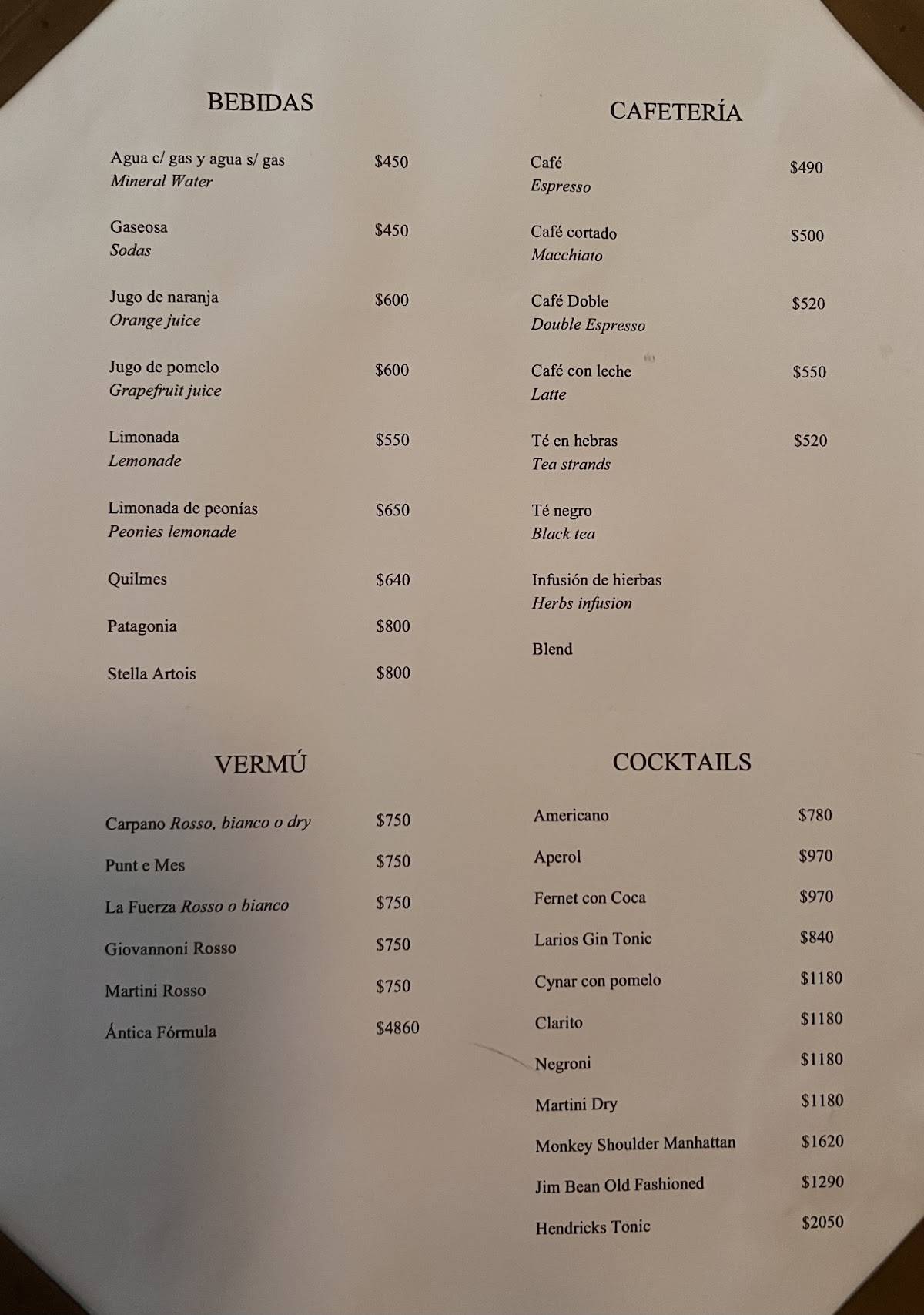 Menu at El Preferido de Palermo pub & bar, Buenos Aires
