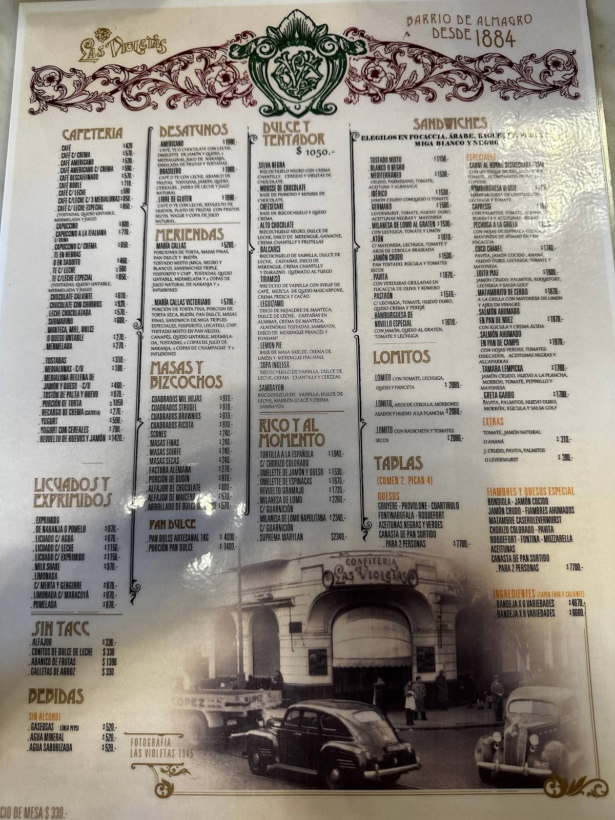 Carta de cafetería Las Violetas, Buenos Aires, Av. Rivadavia 3899