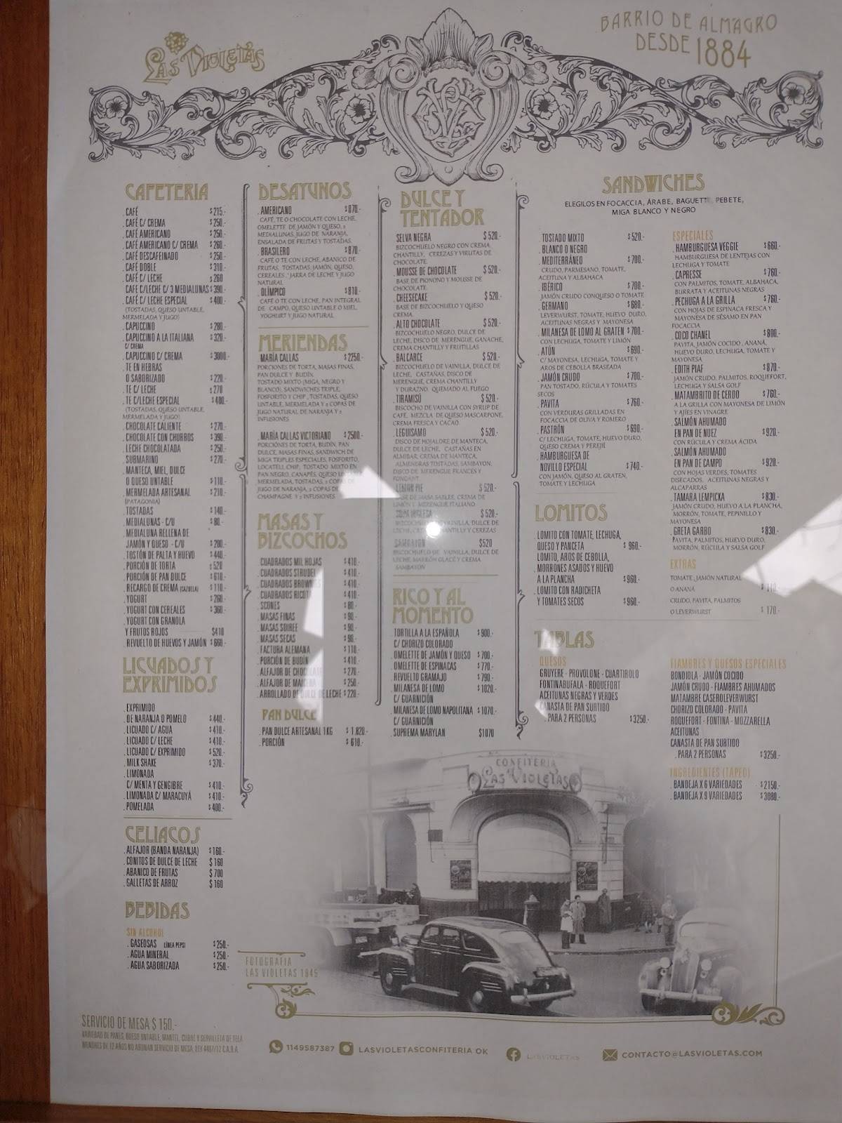 Carta de cafetería Las Violetas, Buenos Aires, Av. Rivadavia 3899