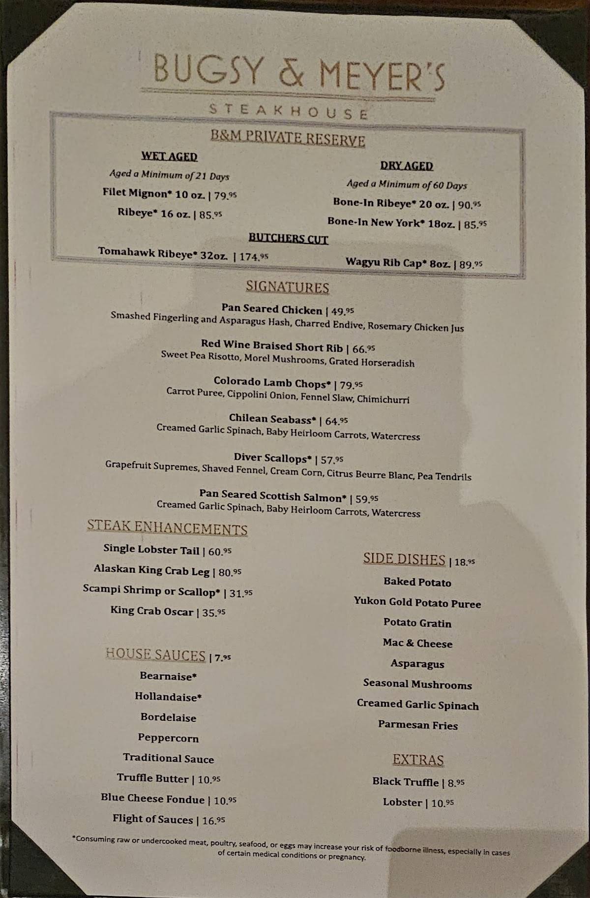 Menu at Bugsy & Meyer's Steakhouse, Las Vegas