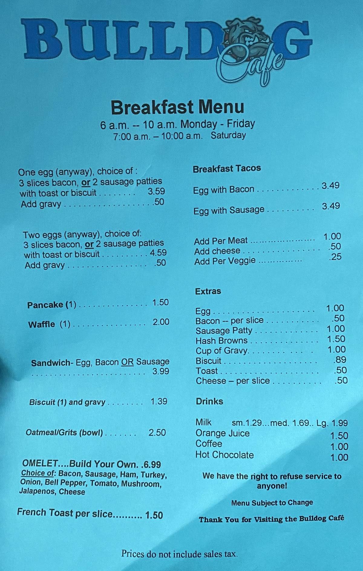 Menu at Bulldog Cafe, Sweeny
