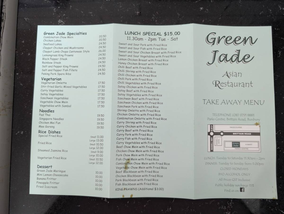 Menu at Green Jade restaurant, Bunbury