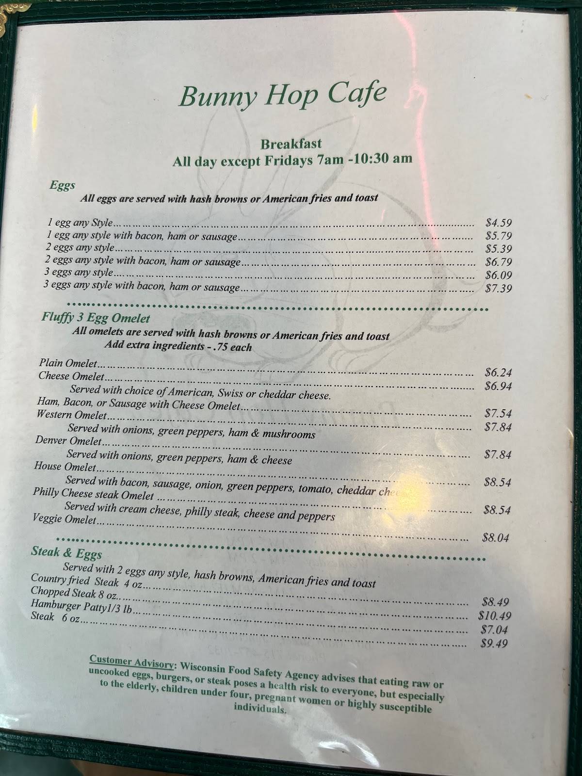 Menu at Bunny Hop Cafe, Junction City