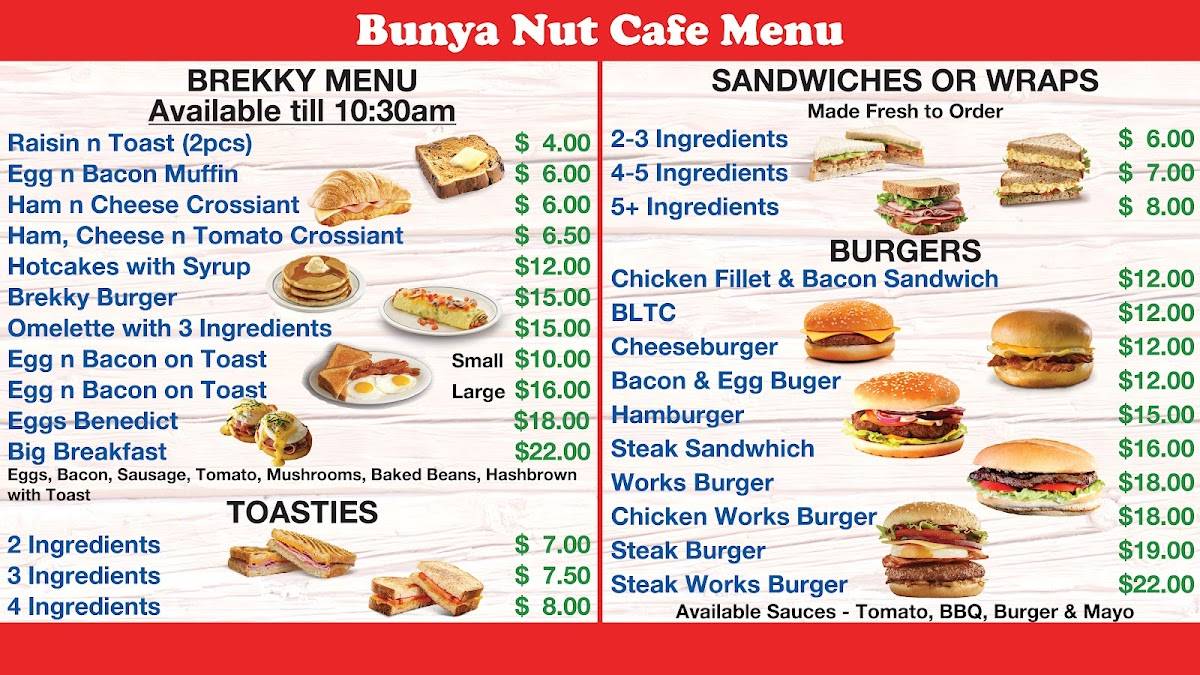 Menu at Bunya Nut Cafe, Blackbutt