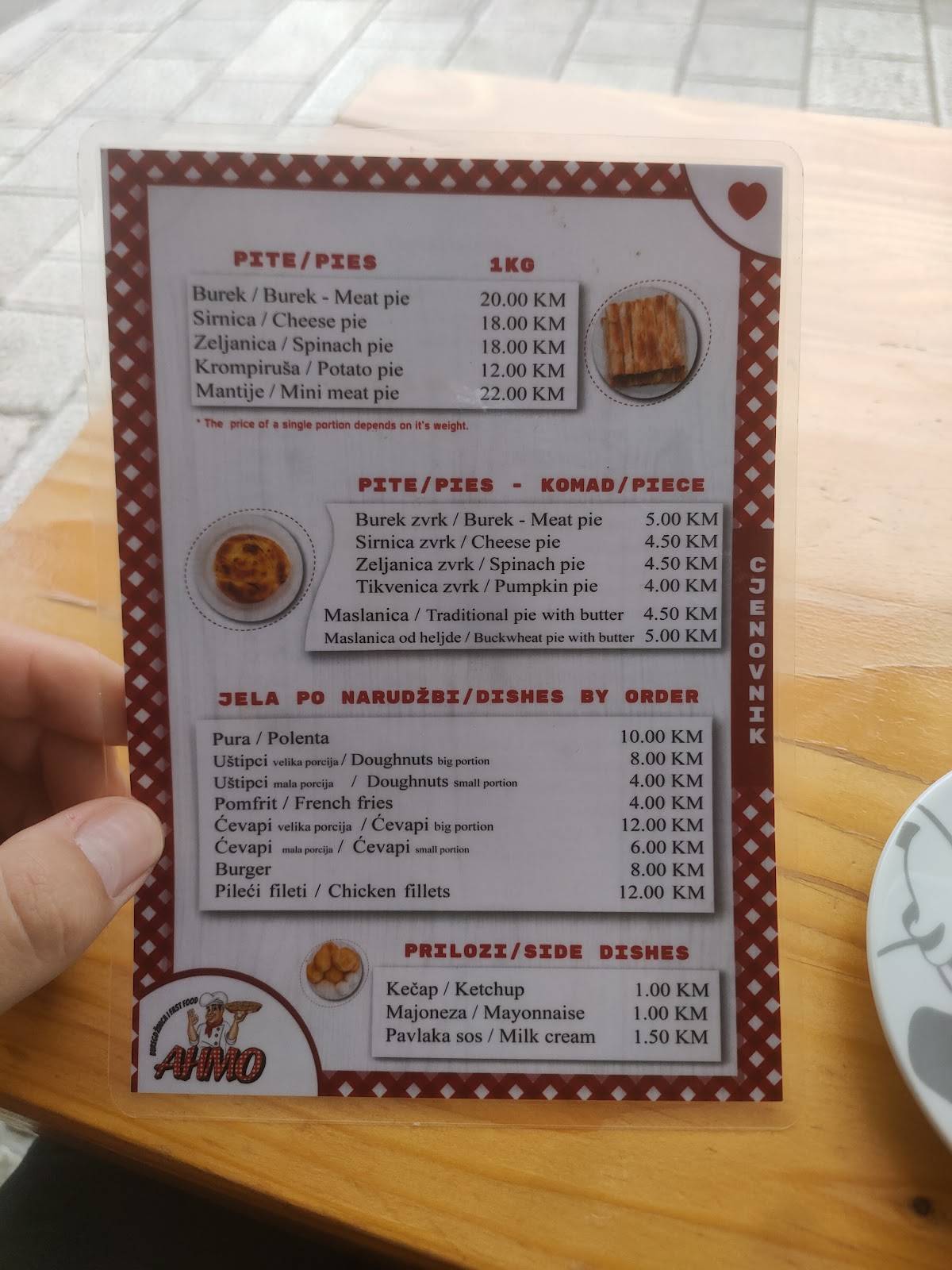 Menu au Buregdžinica Ahmo restaurant, Sarajevo