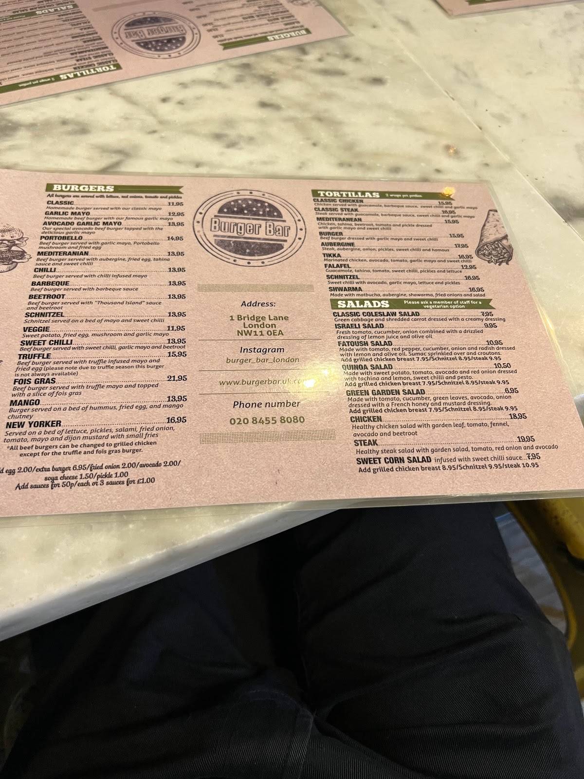 Menu at Burger Bar, London, 1 Bridge Ln