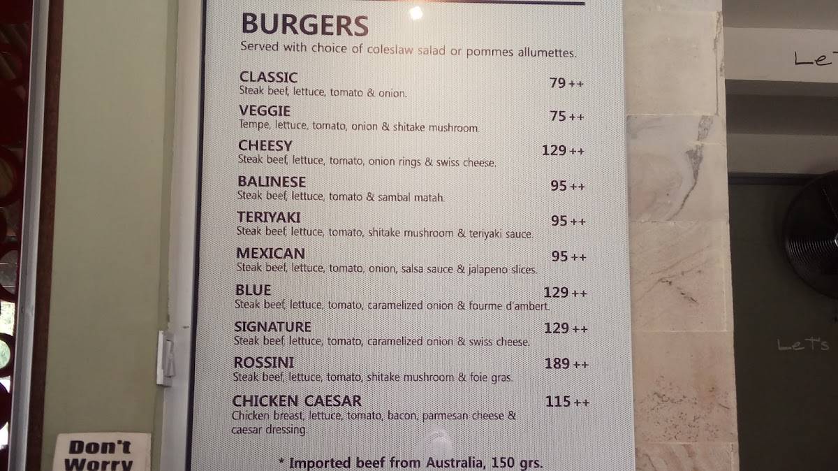 Menu at Burger Shop restaurant, Ubud