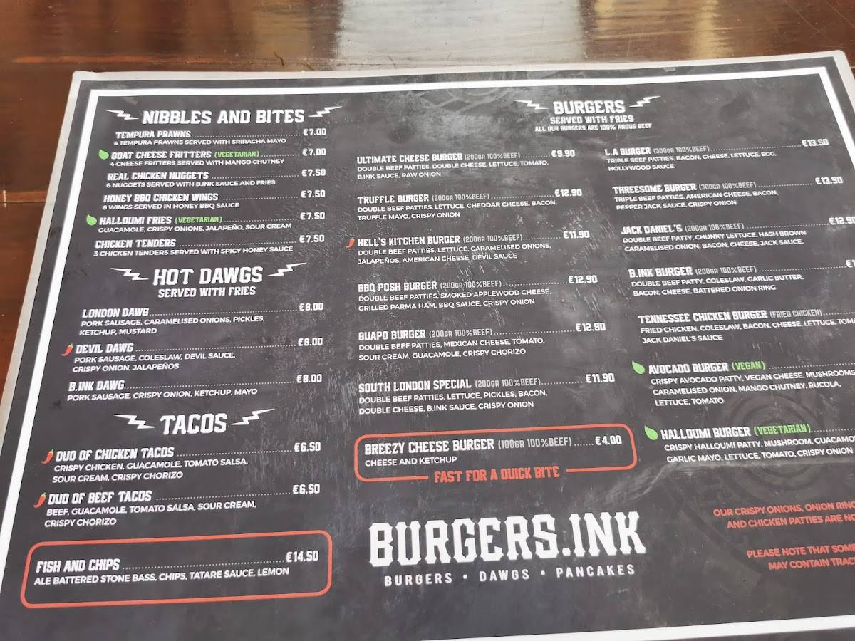 Menu at Burgers.Ink restaurant, Valletta