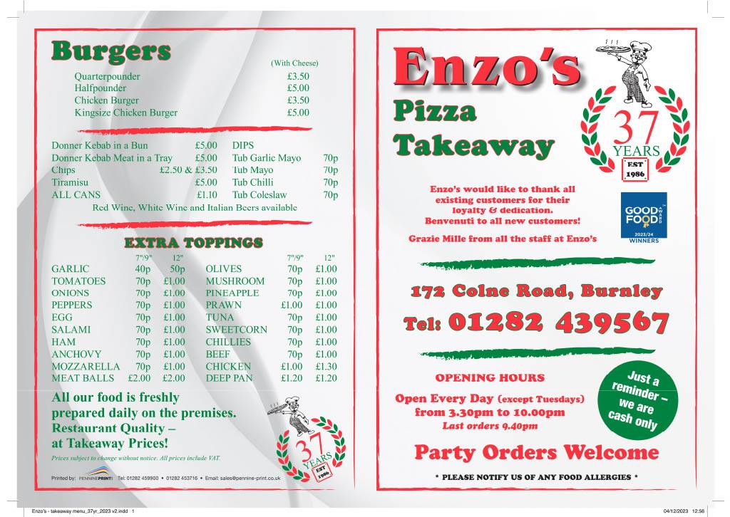 Menu at Enzo's fast food, Burnley