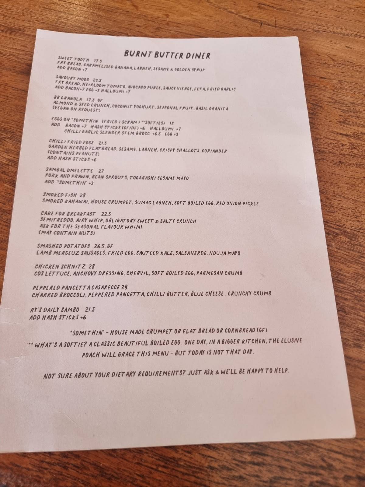 Menu at Burnt Butter Diner cafe, Auckland