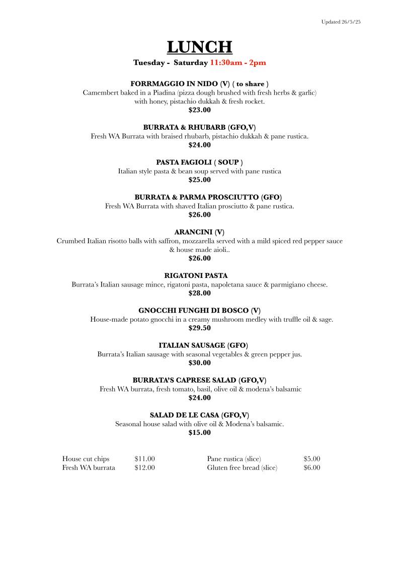 Menu at Burrata Wood Fired Cafe, Albany
