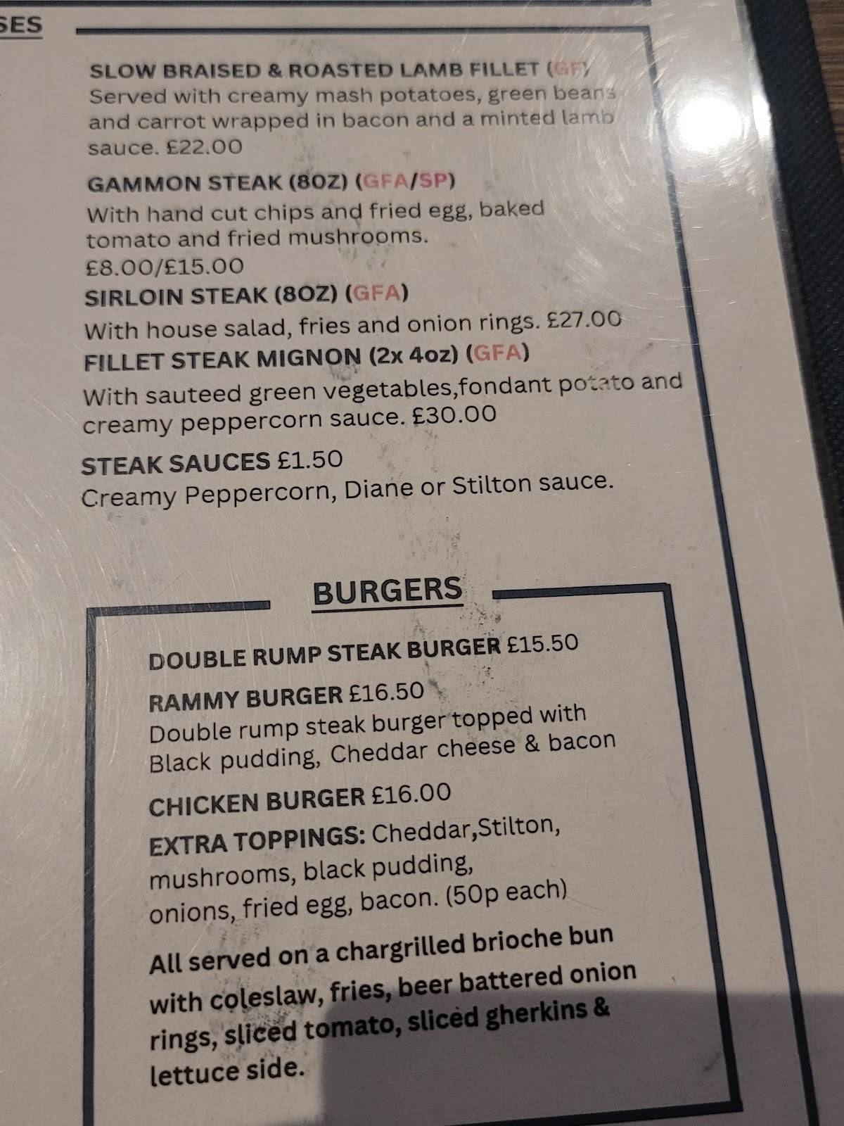 Menu at Owens restaurant, Ramsbottom