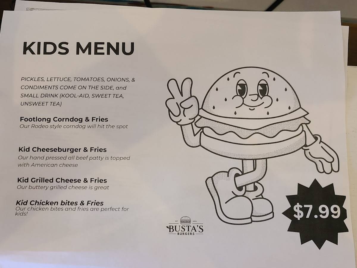 Menu at Busta's Burgers restaurant, Houston