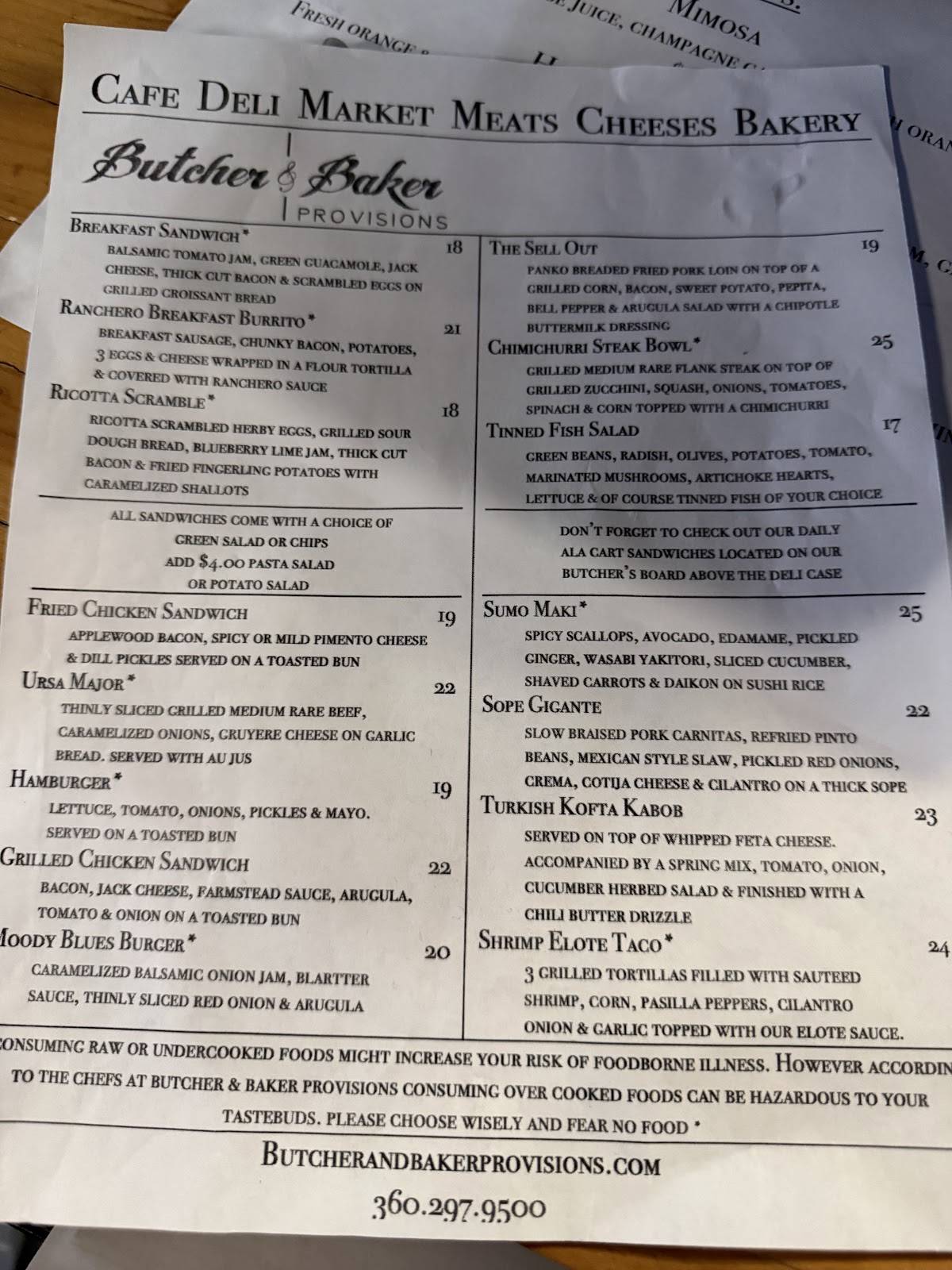 Menu at Butcher & Baker Provisions restaurant, Port Gamble