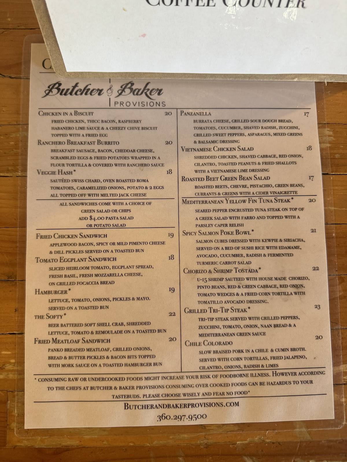 Menu at Butcher & Baker Provisions restaurant, Port Gamble