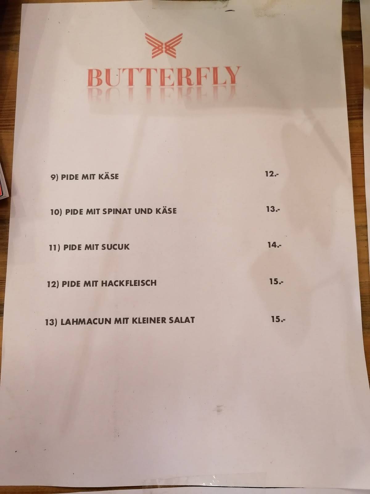 Speisekarte von Butterfly Restaurant, Basel