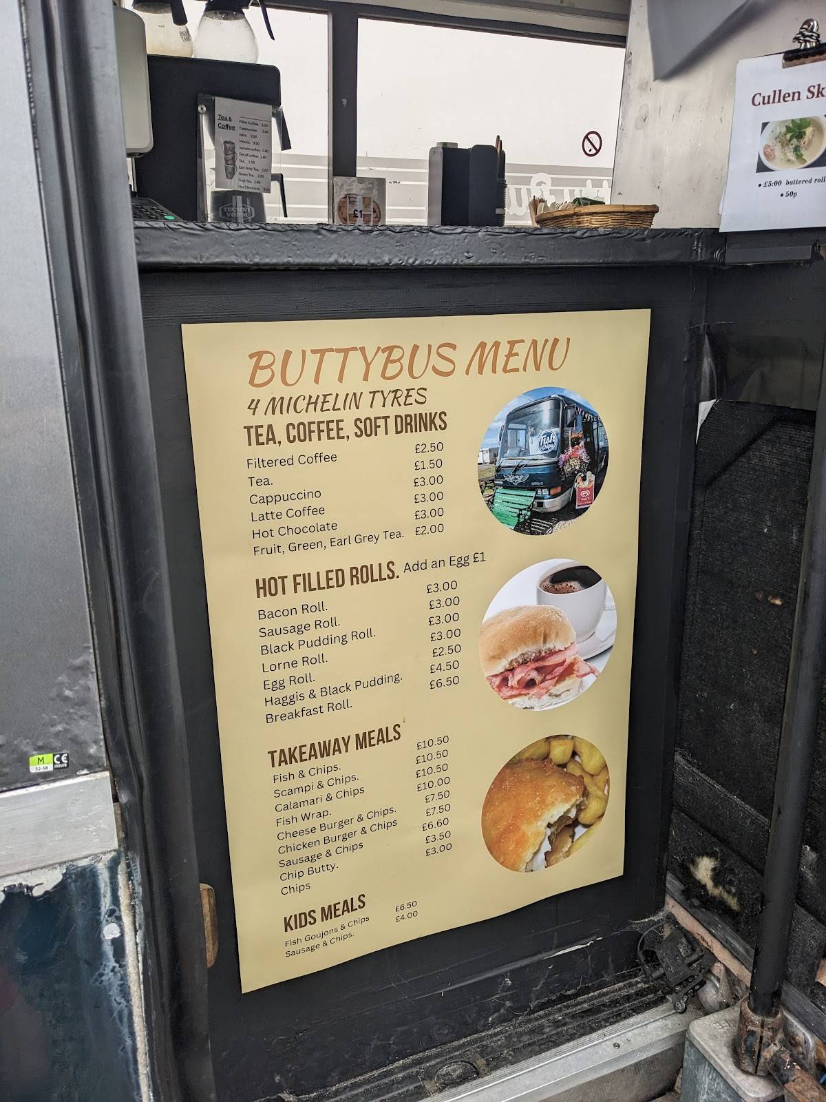 Menu at Butty Bus cafe, Leverburgh, Pier Rd