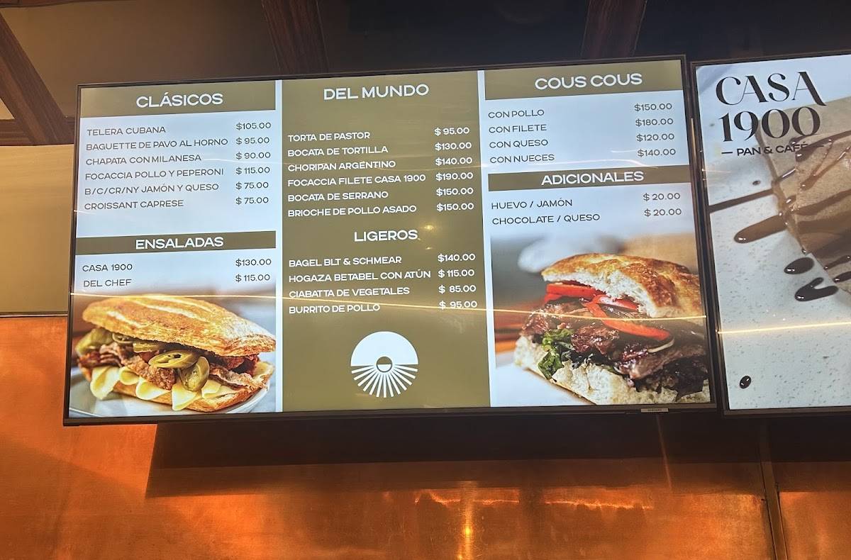 Menu at CASA 1900 PAN & CAFÉ, Mexico City, Calle de Durango 216