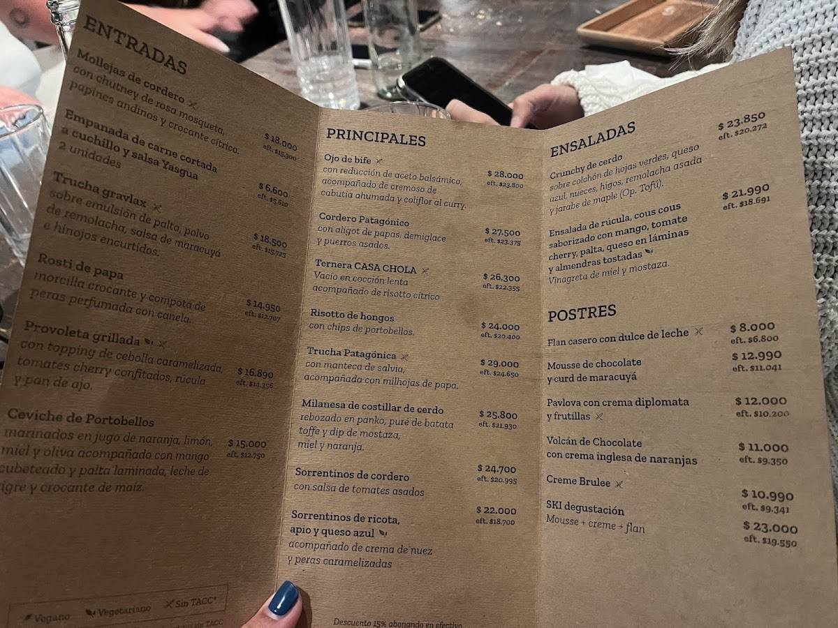 Carta del restaurante CASA CHOLA, San Martín del los Andes