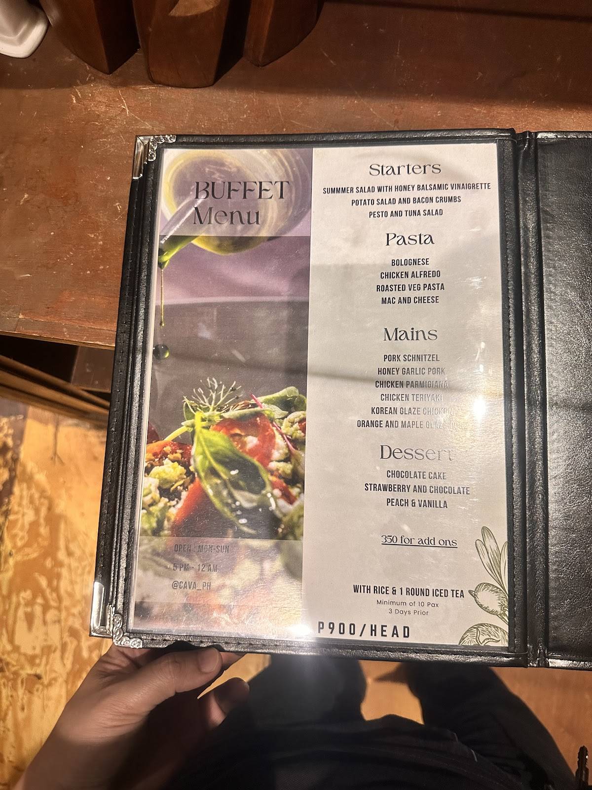 Menu at CAVA restaurant, Cebu City