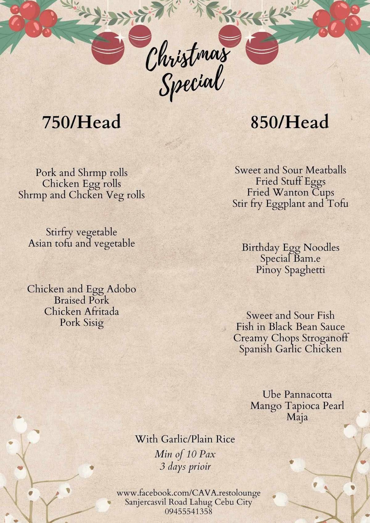 Menu at CAVA restaurant, Cebu City