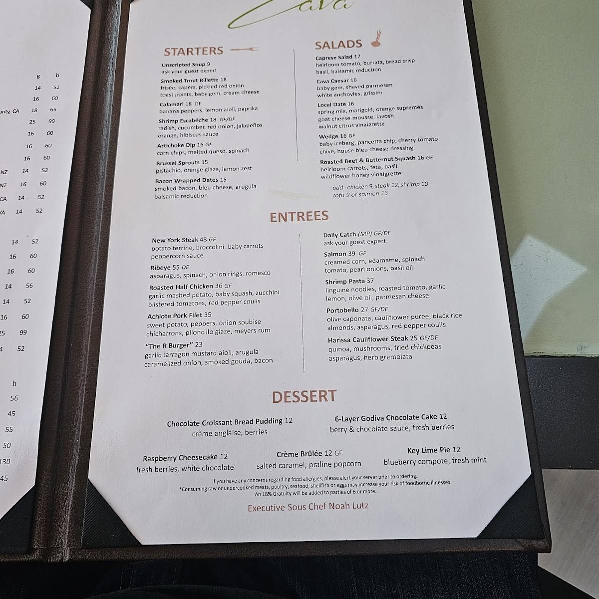 Menu at CAVA restaurant, Indian Wells
