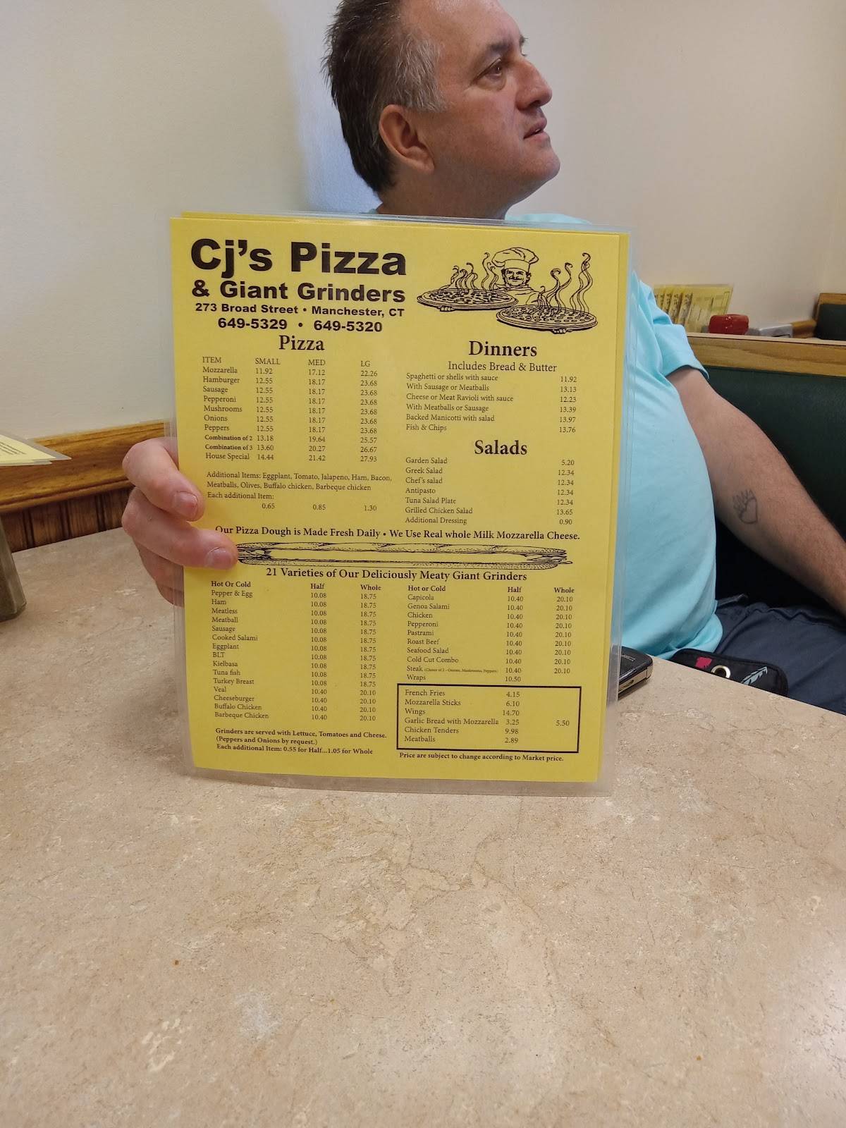 Menu at CJ's Pizza and Giant Grinders pizzeria, Manchester