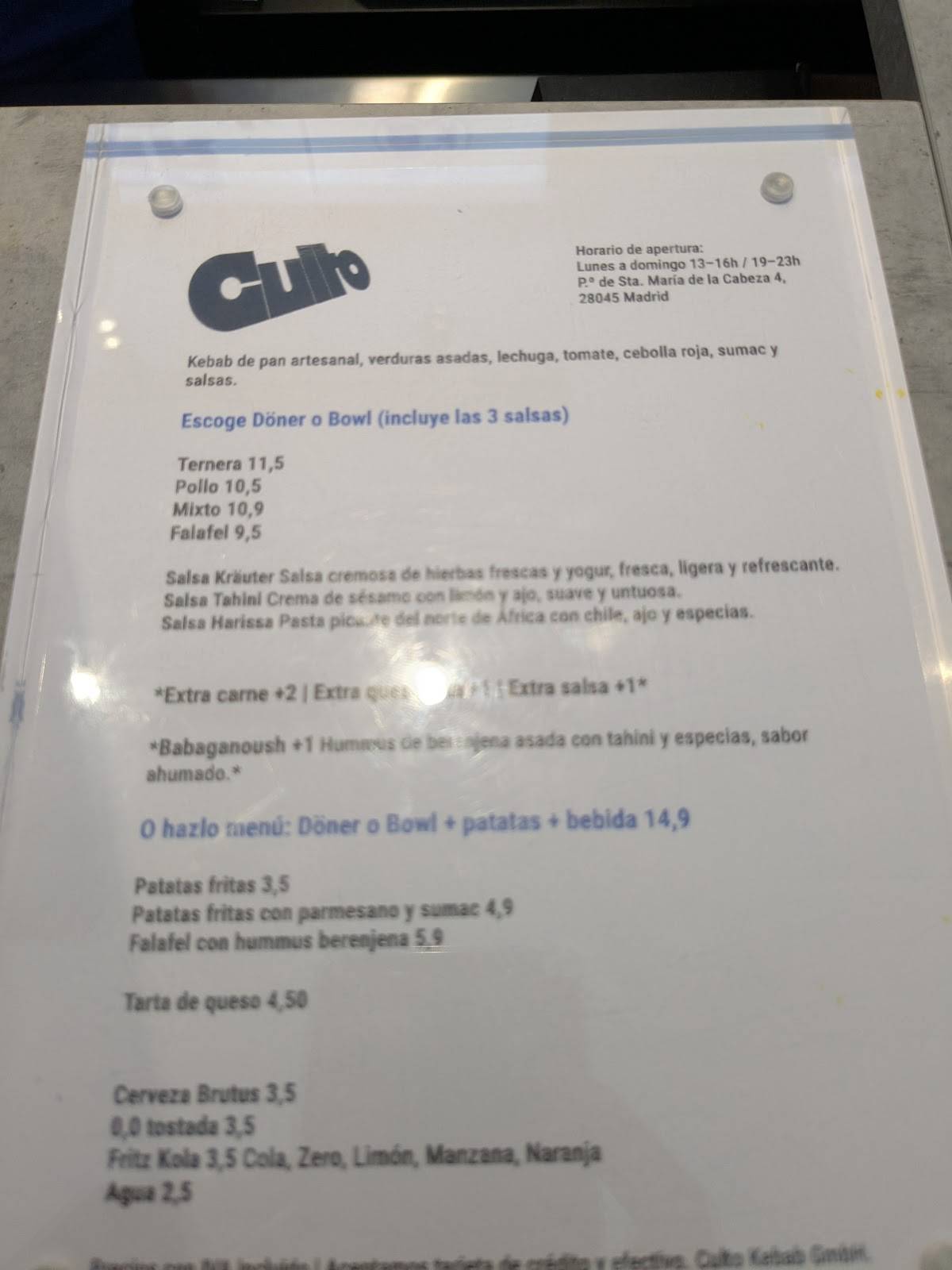Menu at CULTO KEBAB Original Berliner Döner restaurant, Madrid