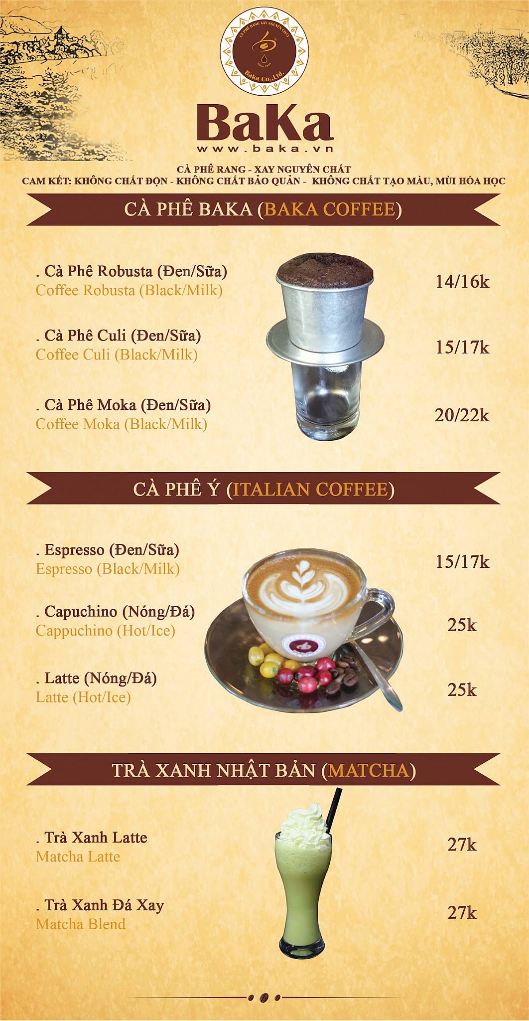 Menu at Cà phê Baka, Pleiku, 527 Phạm Văn Đồng