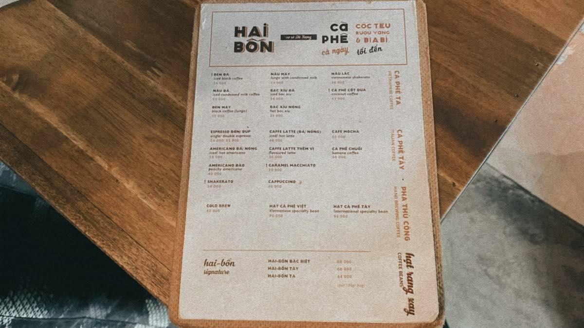 Menu at Cà phê Hai Bốn - Dã Tượng pub & bar, Hanoi