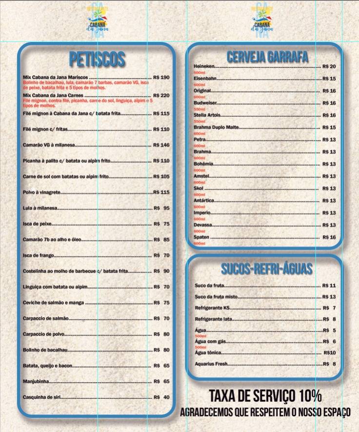 Menu at Cabana da Jana - Praia do Mutá restaurant, Brazil