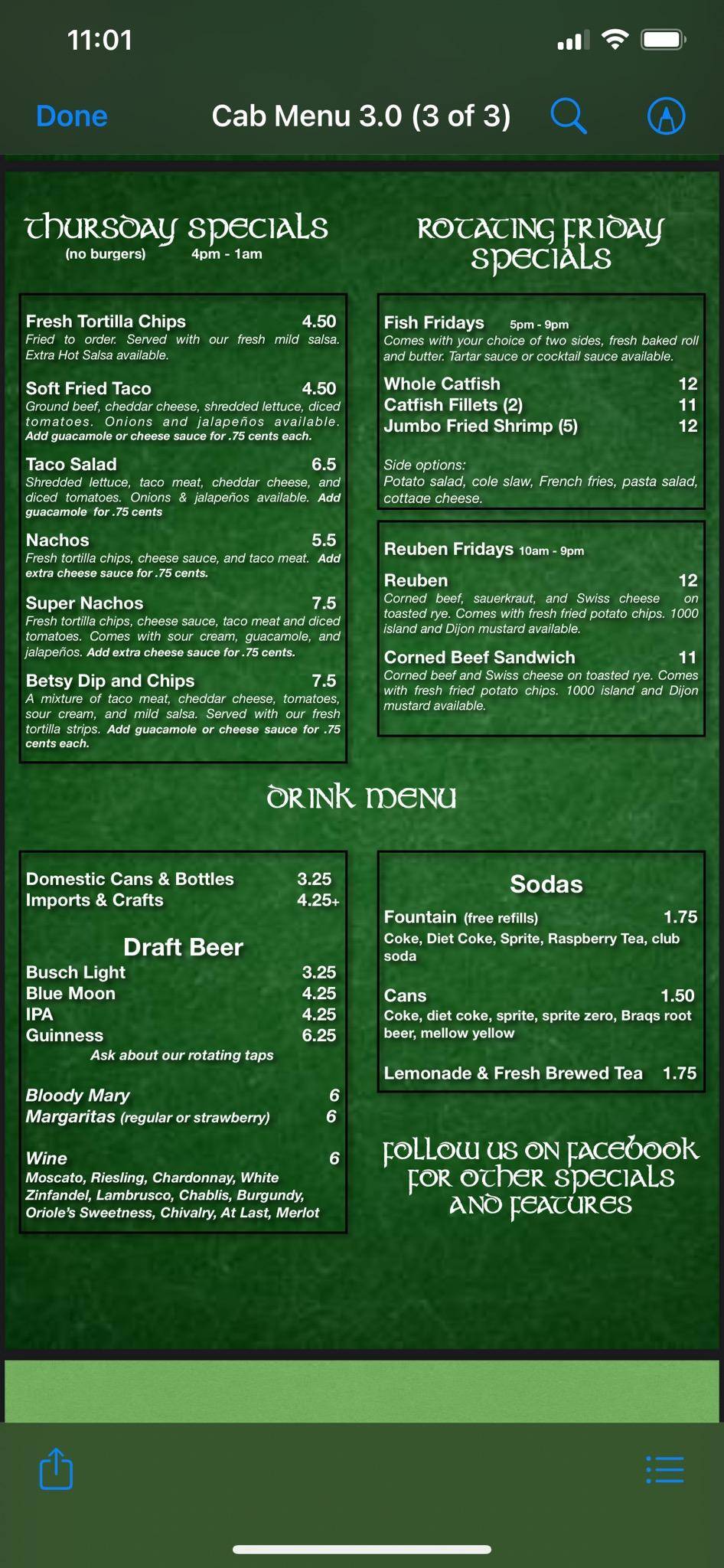 Menu at Cabaret, Fort Madison
