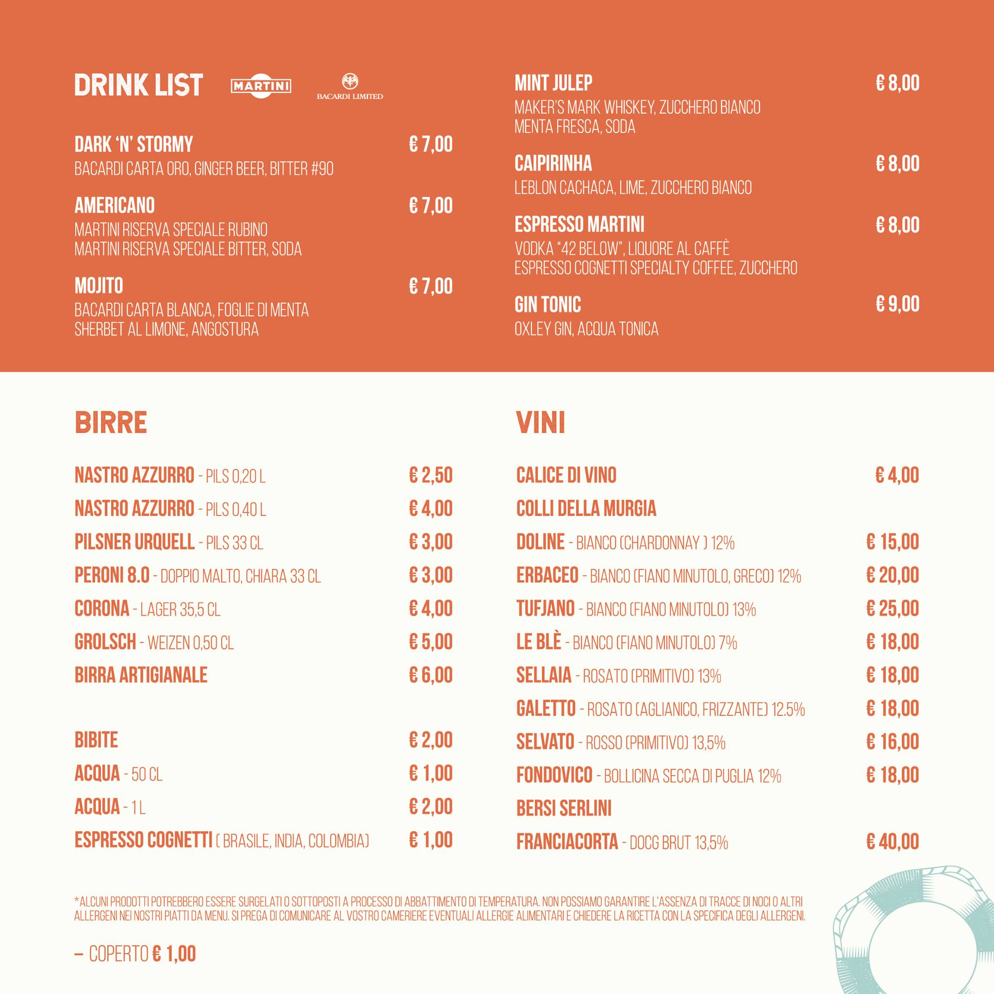 Menu at Cabina 90 restaurant, Bari